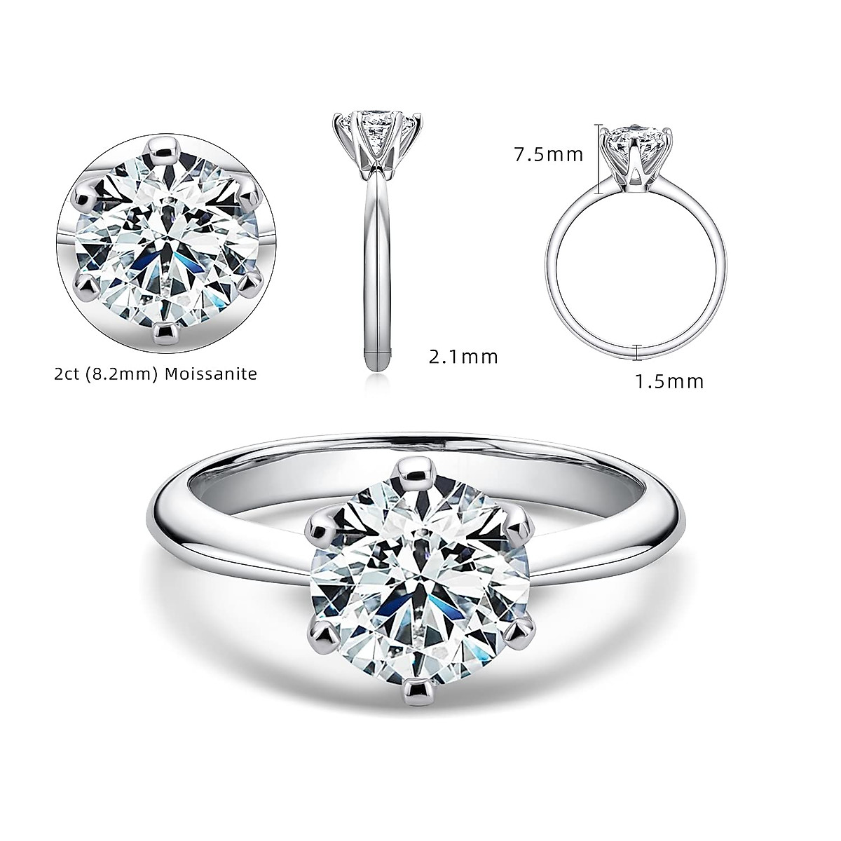 AINUOSHI Sterling Silver Moissanite Ring, 2.0ct Round Cut Wedding Ring, D-E Color Grade, Perfect for Wedding, Engagement Proposal and Anniversary.