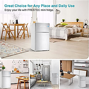 Frestec Mini Fridge with Freezer, Small Refrigerator, 2 Door Mini Fridge for Bedroom, 3.2 Cu.Ft, Low Noise,7 Settings Temperature Adjustable Control (Silver)