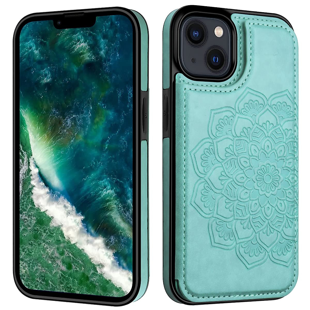 MMHUO for iPhone 14 Case with Card Holder, Flower Magnetic Back Flip Case for iPhone 14 Wallet Case for Women, Protective Case Phone Case for iPhone 14,Mint