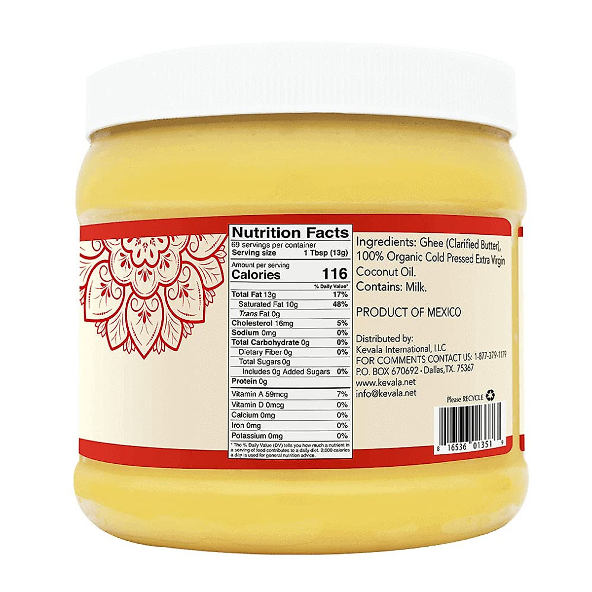 Kevala Coconut Ghee 2 lb (32 oz) Clarified Butter, Organic Coconut Oil, Cold Pressed