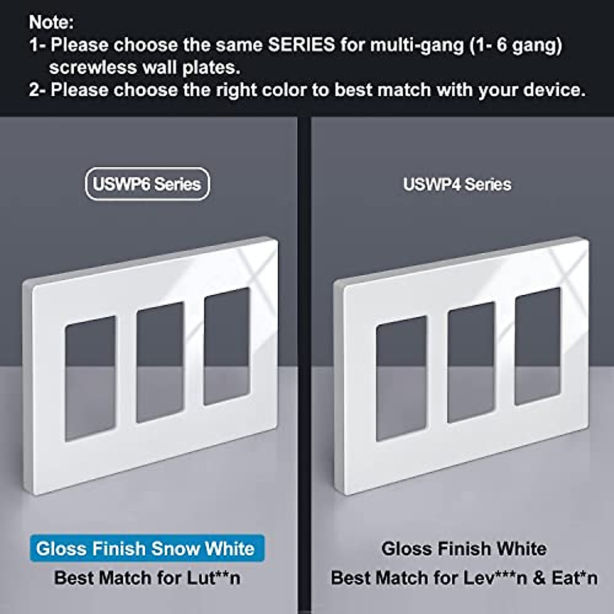 [2 Pack] BESTTEN 3-Gang Screwless Wall Plate, USWP6 Snow White Series, Decorator Outlet Cover, H4.69” x W6.54”, Polycabonate Thermoplastic