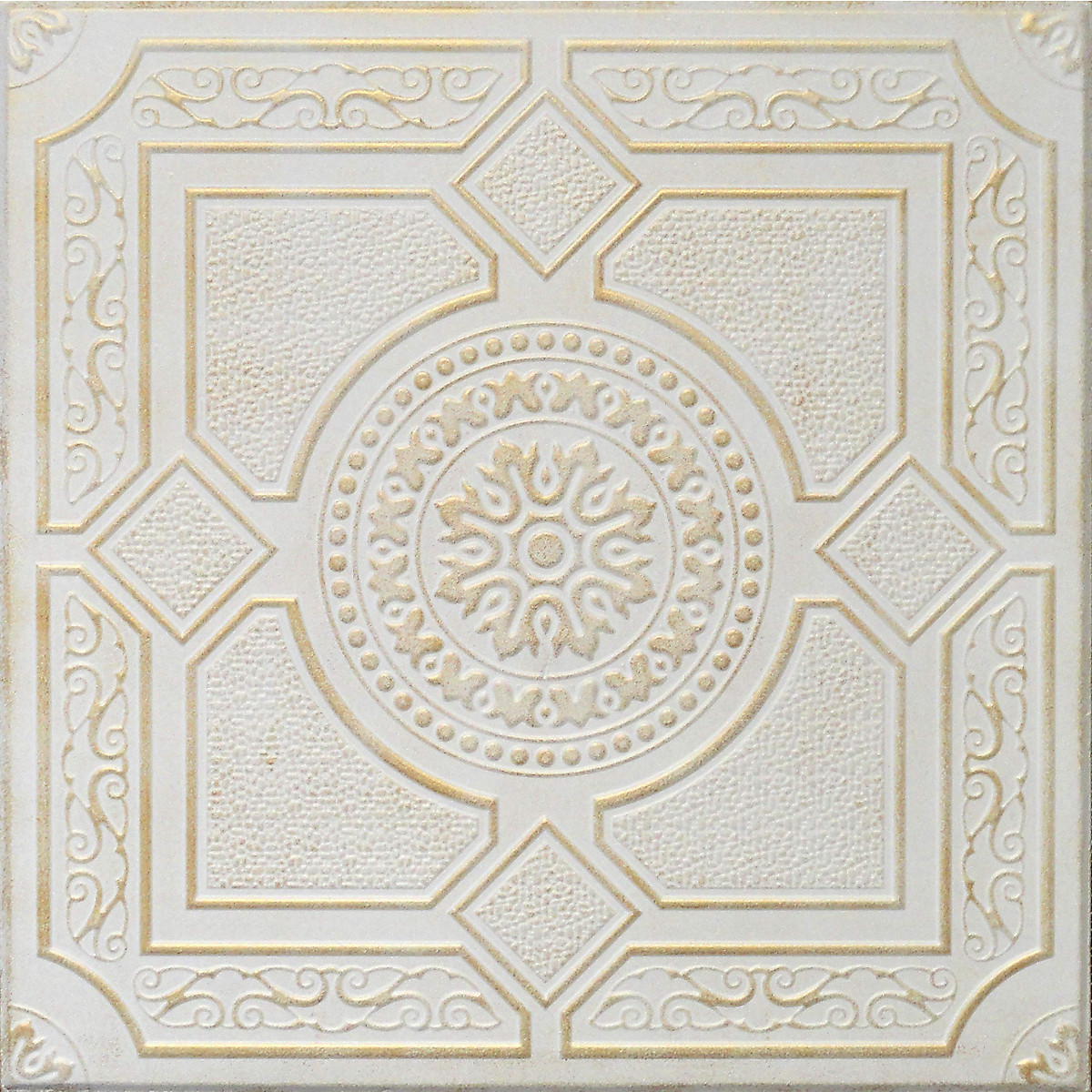 R30 White Satin Washed Gold 20x20 Amazing Styrofoam Tin Look Ceiling Tiles Easy to Glue Up On Any Type of Surface