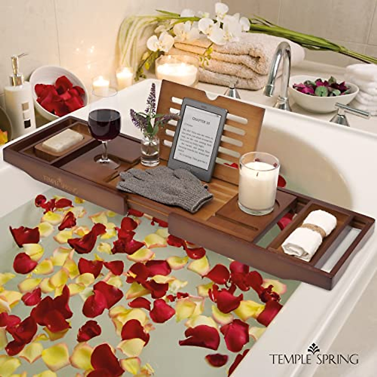Temple Spring Bath Caddy - Extendable Bath Tray for Bathtub with Candle, Wine Glass, Book, iPad & Phone Holders - Adjustable Bath Table Shelf Over tub with Bathroom Accessories - (Wood Brown)