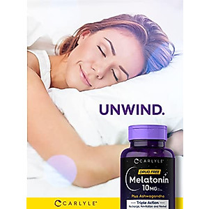 Melatonin 10mg | 120 Capsules | with Ashwagandha | Triple Strength Formula | Non-GMO, Gluten Free Supplement | by Carlyle