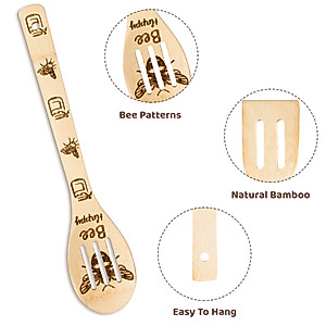 Haooryx 6Pcs Bee Sunflower Bamboo Spoons Utensils Set Bee Themed Non-Stick Carve Cooking Spoons Burned Bamboo Cookware Kitchen Gadget Kit Christmas Housewarming Gift Kitchen Decor Supplies