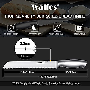 Walfos Bread Knife with Sheath, Serrated Bread Knife with Upgraded Stainless Steel, Ultra-Sharp, 8-Inch Blade, Bread Slice Knife for Slicing Homemade Bread, Bagels, Cake