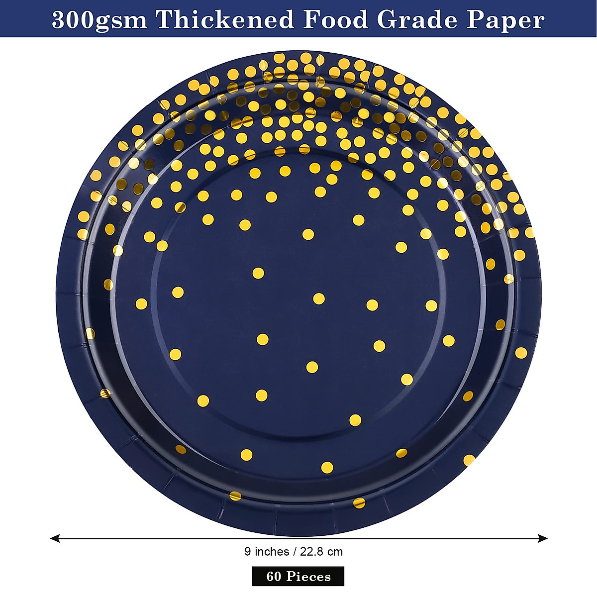 Aneco 60 Pieces 9 Inches Disposable Paper Plates Blue and Gold Foil Dot Dessert Plates Round Paper Plates for Wedding Bridal Shower Birthday Party Decorations