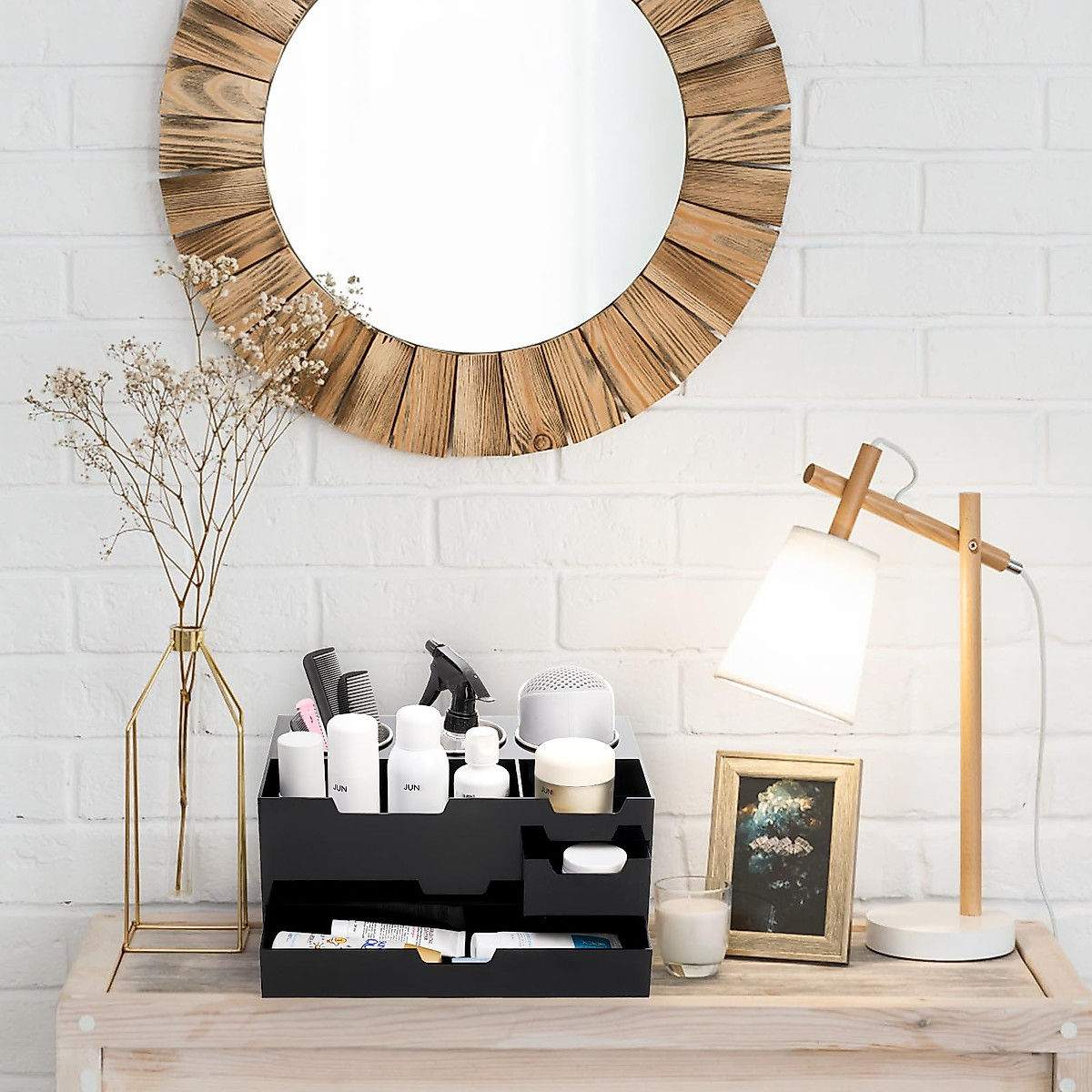 Hiceeden Acrylic Hair Tool Organizer Countertop, Hair Dryer Holder with 2 Drawer, Bathroom Vanity Accessories Storage Stand for Blow Dryer, Hair Brush, Straightener, Black