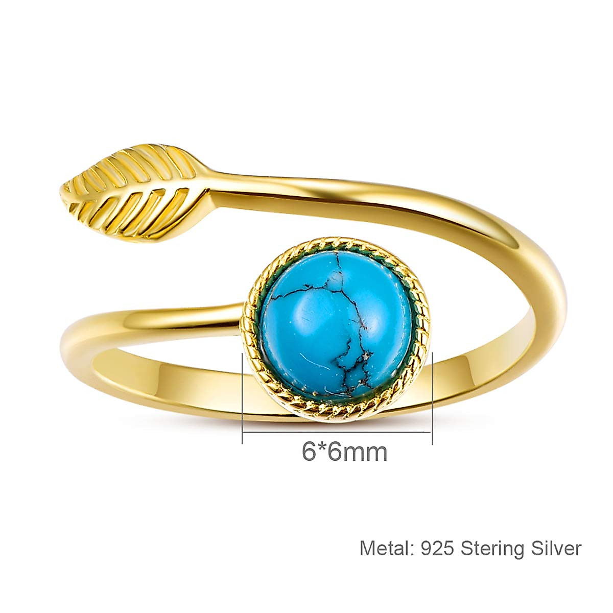 AVECON 14k Gold Plated Turquoise Feather Ring 925 Sterling Silver Adjustable Open Tree Leaf Bands Ring for Women