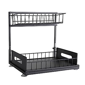Fengligoo 2 Tier Under Sink Organizer, Black Pull Out Cabinet Organizer, Multipurpose Under Kitchen Bathroom Sink Organizer and Storage, Sliding Cabinet Organzier