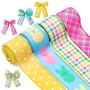 H1vojoxo 4PCS Easter Spring Pastel Wired Ribbon Rolls, Easter Bunny Wired Edge Ribbons, Decorative Wrapping Ribbons for Gift, Easter Colorful DIY Craft Ribbons, Easter Fabric Ribbon Decor, 24 Yards
