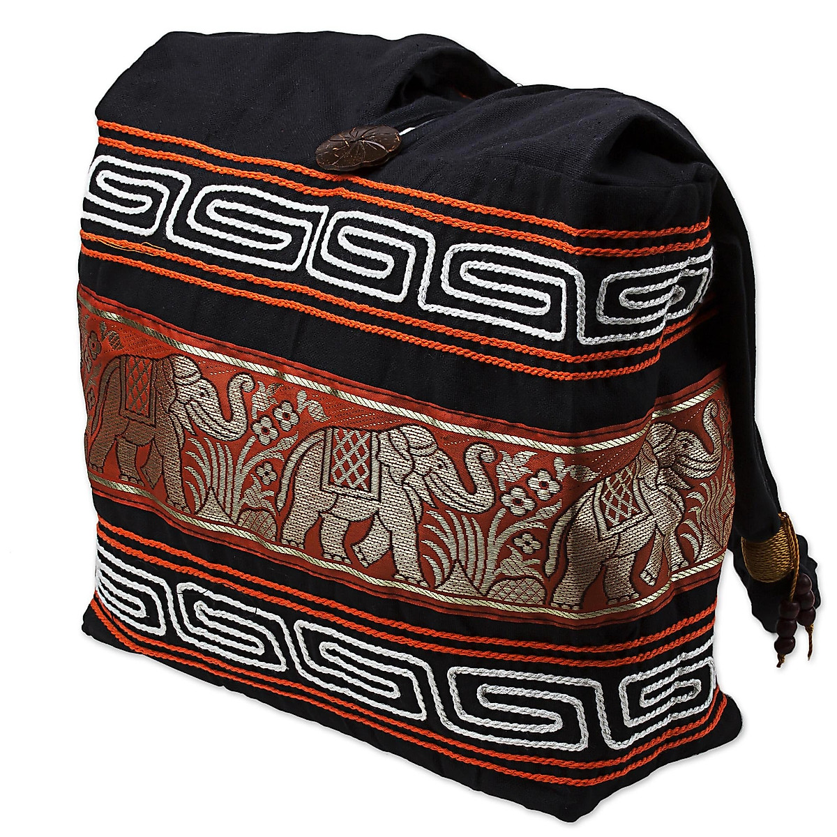 NOVICA Artisan Handmade Cotton Blend Shoulder Bag Black Vermilion from Thailand Wood Handbags Orange Gold Tone Embroidered Animal Themed Elephant ' Thai Elephants in Vermilion'