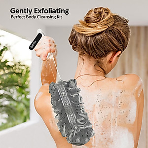 Bathflor Loofah Sponge Exfoliating Body Scrubber: 4PCS Extra Large 80g Shower Loofahs Poufs, 1PCS Long Handle Loofa Back Scrubber, 1PCS Luffa Hook, Charcoal Loofah Pack for Women Men Bath Wash, Black