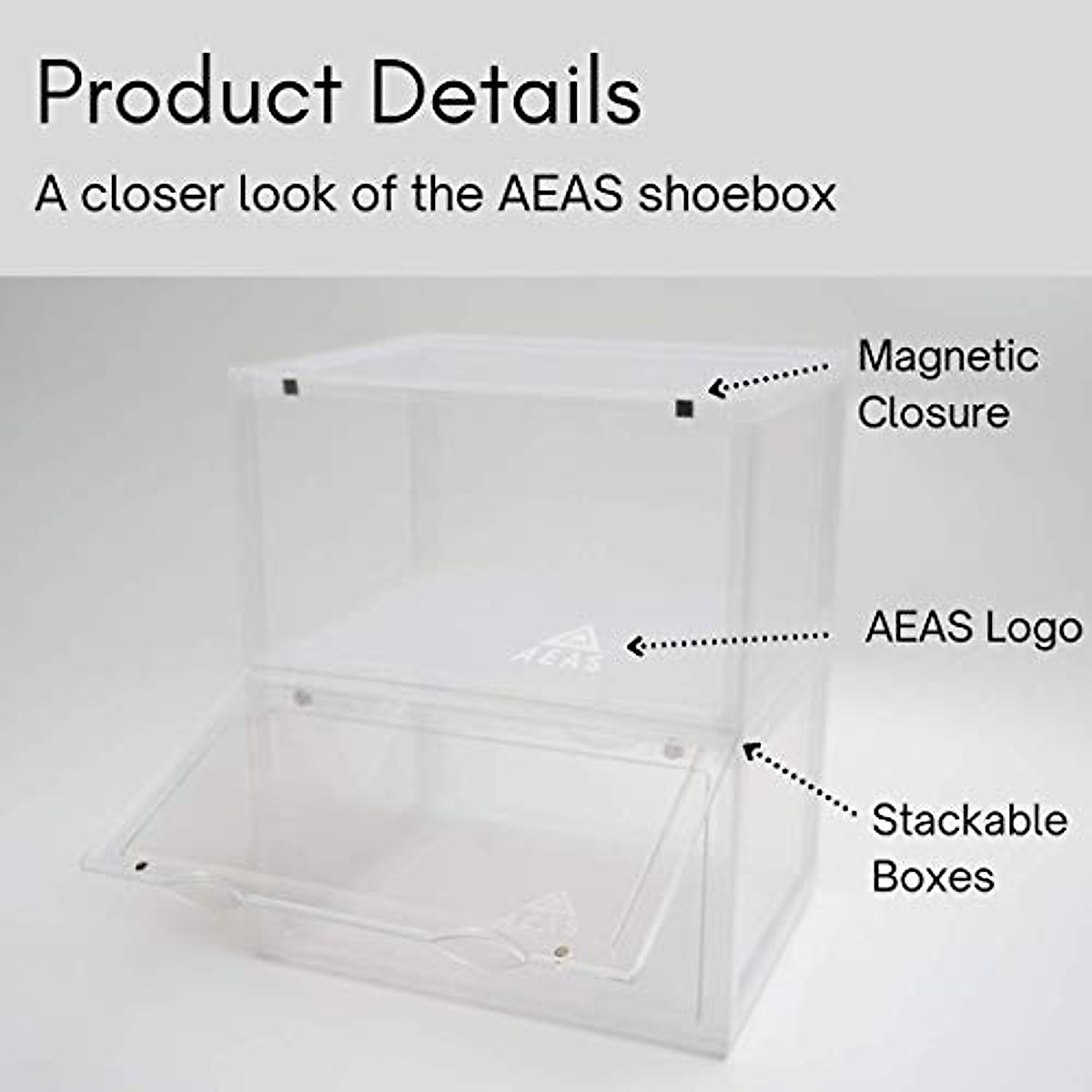 AEAS - Clear Plastic Stackable Foldable Shoe Boxes, Pack of 2 Drop Front Shoe Container Organizer with Magnetic Closure for Sneaker Collection for Men and Women