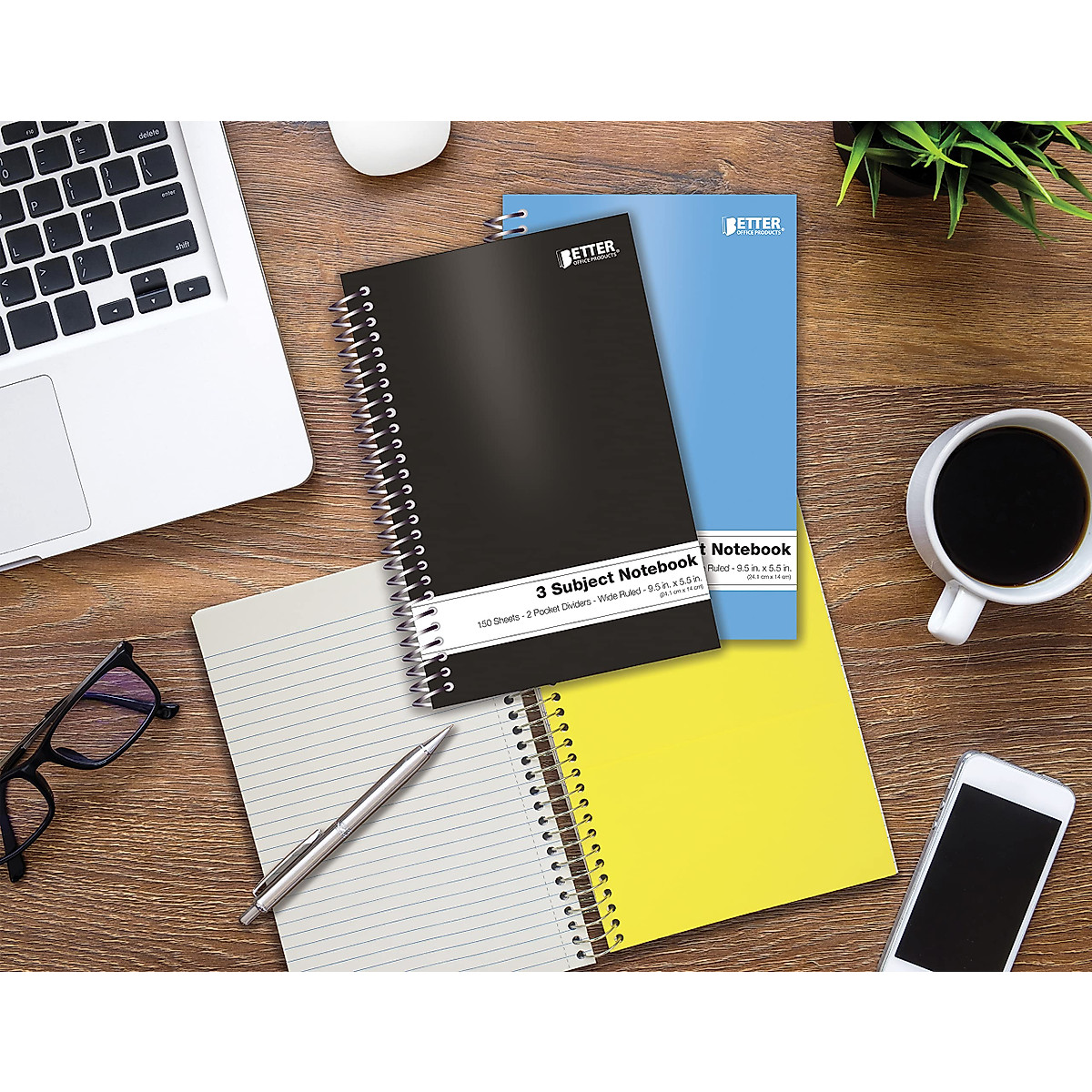 Better Office Products 3 Subject Spiral Notebooks, 9.5 x 5.5 inch, 6 Pack, 150 Sheet Notebook with 2 Double-Sided Pocket Dividers, Assorted Solid Color Covers (College Ruled)