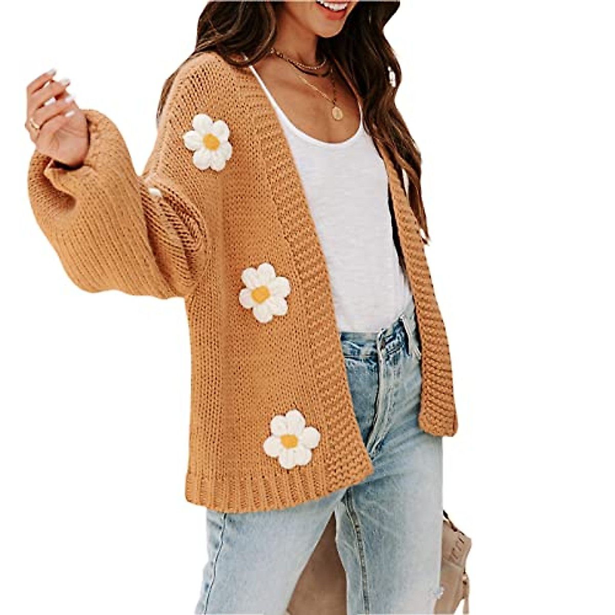 Women Crop Cardigan Sweater Long Lantern Sleeve 3D Flower Open Front Y2K Knit Cardigan Kawaii Crochet Sweater Tops (Camel+Flower, M)