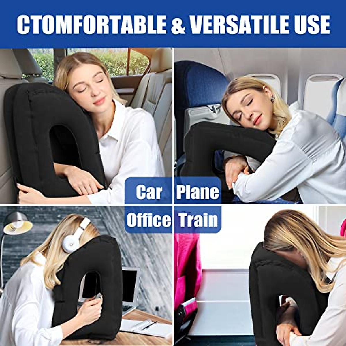 SAHEYER Inflatable Travel Pillow, Inflatable Neck Pillow for Airplane Travel Essentials and Office Nap, with 3D Eye Mask, Earplugs, Luggage Tag Initial & Portable Drawstring Bag (Black)