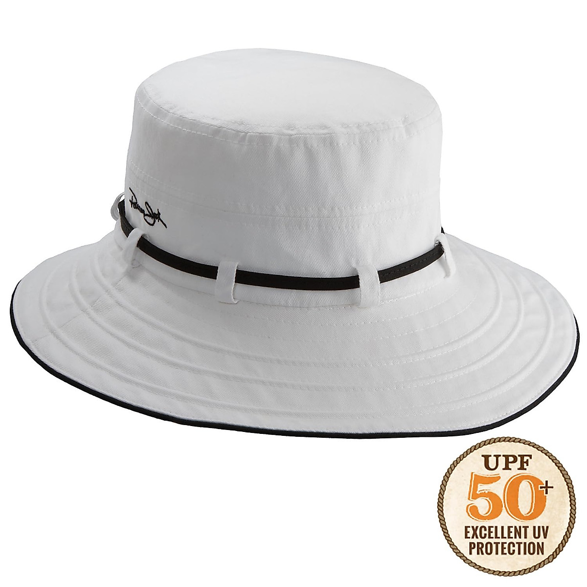 Panama Jack Women's Contrast Cotton Bucket Sun Hat with Sizing Tie, 3" Brim (White)