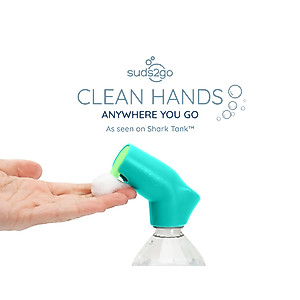 Suds2Go Refillable Caps, 2 Pack - Universal Fit Turns Most Disposable Water Bottles Into A Hand Washing Station - Includes Refillable Soap Reservoir - Conveniently Sized to Take on The Go - Teal