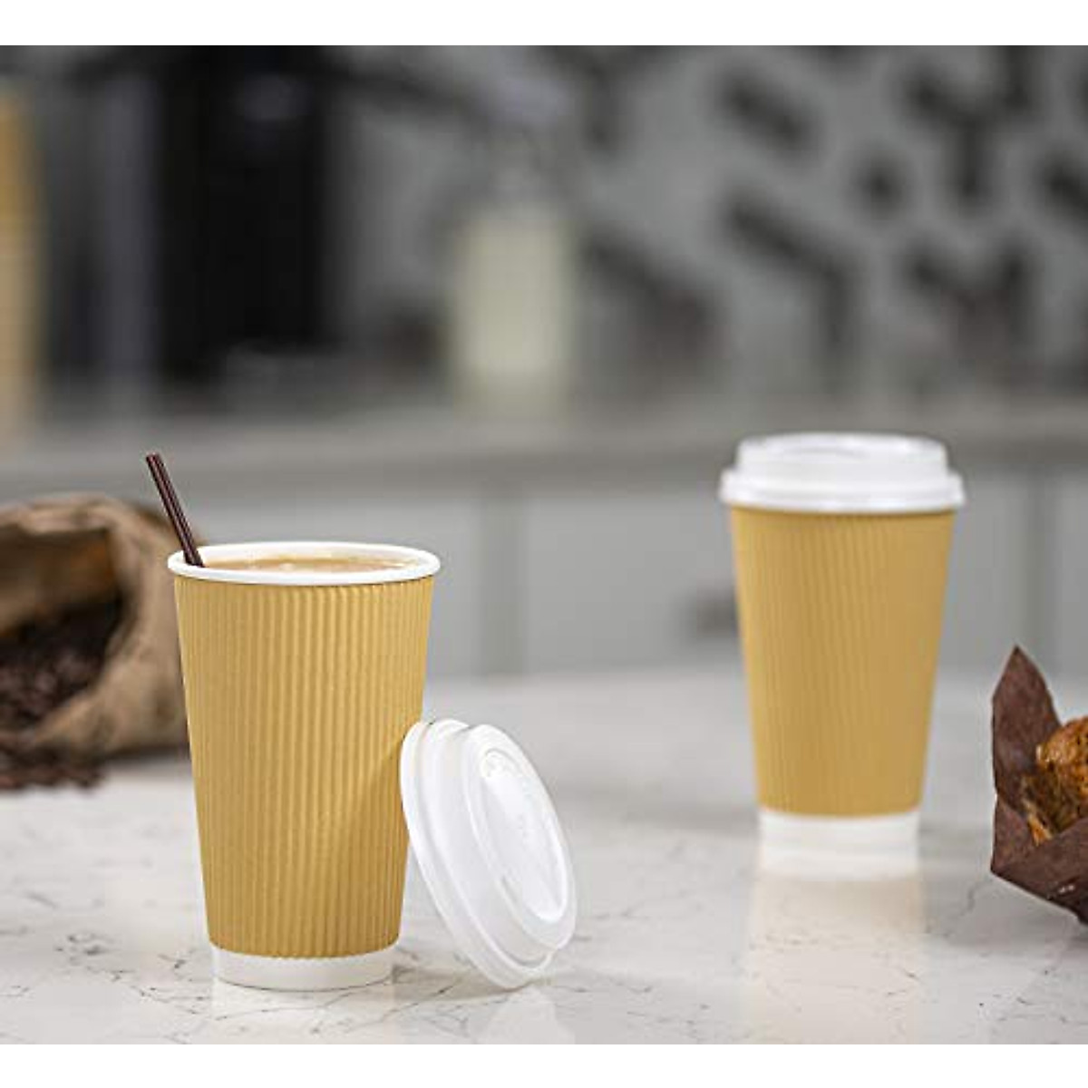 Comfy Package [50 Sets - 16 oz.] Insulated Ripple Paper Hot Coffee Cups With Lids