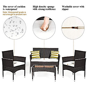 Tangkula 4 PCS Patio Outdoor Conversation Set with Glass Coffee Table, Loveseat & 2 Cushioned Chairs, Garden Lawn Rattan Wicker Patio Chat Set, Outdoor Furniture Set (Brown)