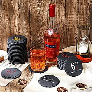 48 Pieces Round Slate Coasters Bulk with 4 Metal Holders 4 Inch Slate Drink Coasters Stone Coasters with Anti Scratch Bottom for Table Home Coffee Cup Kitchen Glass Office Bar Apartment Gift, Black