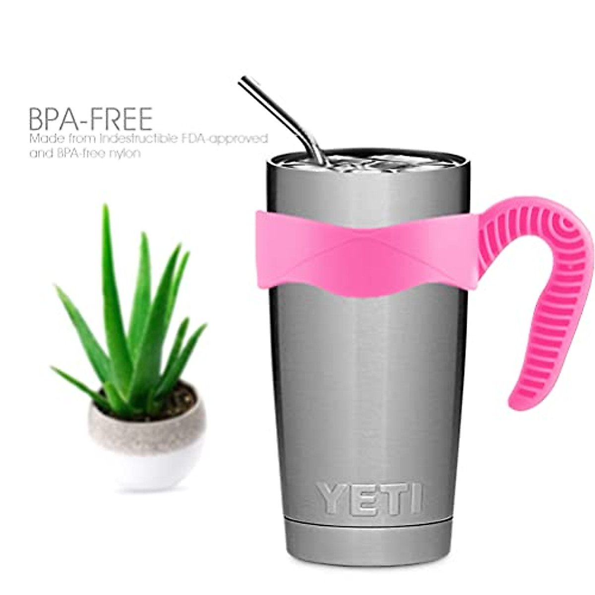 ALIENSX Tumbler Handle for YETI Rambler Cup, Anti Slip Travel Mug Grip Cup Holder for Stainless Steel Tumblers, Yeti, Ozark Trail, Rtic,Sic and More Tumbler Mugs BPA Free (PINK, 20OZ)