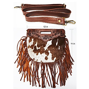 bonanza leathers women's cowhide handbag crossbody shoulder leather bag with fringes button closure H8 (Brown)