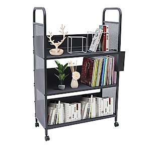 DDBESSIC Rolling Book Cart, 3 Tier Book Rack Storage Bookshelf with 3 Flat Shelves, Movable Bookcase with Wheels Utility Organizer Cart Side Literature Rack