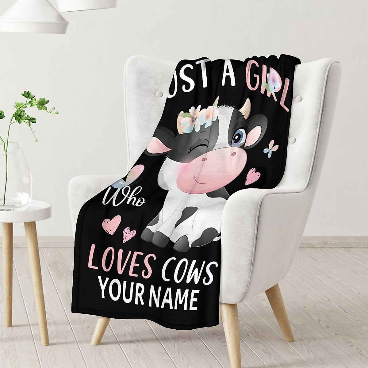 Custom Cow Blanket with Name for Kids, Aldults - Soft, Fuzzy & Cozy - 50"x60" Throw Size Blankets for Sofa, Work - Black Cute Warm Throw Blankets Gifts