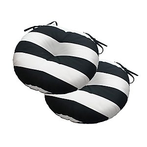 Magpie Fabrics Outdoor Round Bistro Seat Cushions with Ties, Fluffy Tufted Patio Chair Pads 15"x15"x4" Set of 2 Waterproof Floor Pillow for Home Garden Balcony Kitchen Office Porch, Black White Stripe