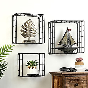 MyGift Modern Matte Black Metal Wire Mesh Wall Mounted Square Shadow Box Style Floating Display Shelves, Set of 3-11 inch, 10 inch, 8 inch