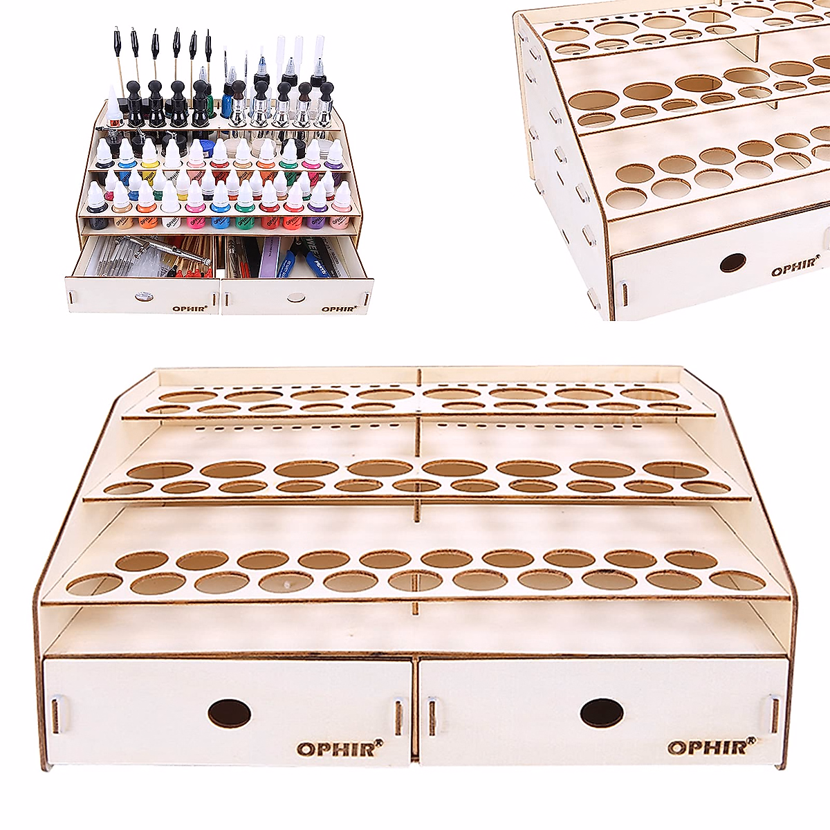 DNYSYSJ 80 Holes Paint Rack Stand Pigment Ink Bottle Paints Tool Storage with Cabinet Holder Organizer for 58 Bottles & 22 Small Paint Brushes or Droppers