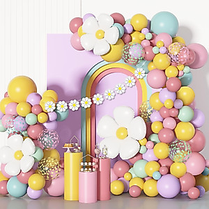 Amandir 162Pcs Daisy Balloon Garland Arch Kit, White Groovy Flower Pastel Balloon Arch Pink Yellow Blue Green Purple Balloons Daisy Banner for Birthday Baby Shower Bridal Wedding