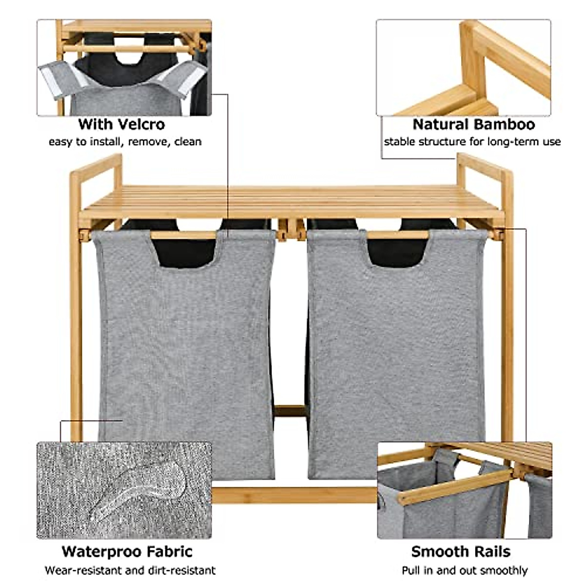 Jolitac Bamboo Laundry Hamper and Shelf, Dual Compartments Laundry Basket with Removable Sliding Bags, Large Capacity Laundry Sorter Organizer, Bathroom Clothes Storage Hampers