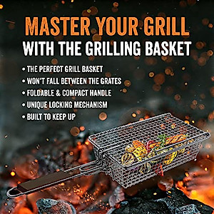 Yukon Glory Premium Grilling Basket, Designed Grill Vegetables, Seafood, Poultry and Meats, Unique Locking Mechanism to Easily Flip Food, Foldable Handle for Compact Storage