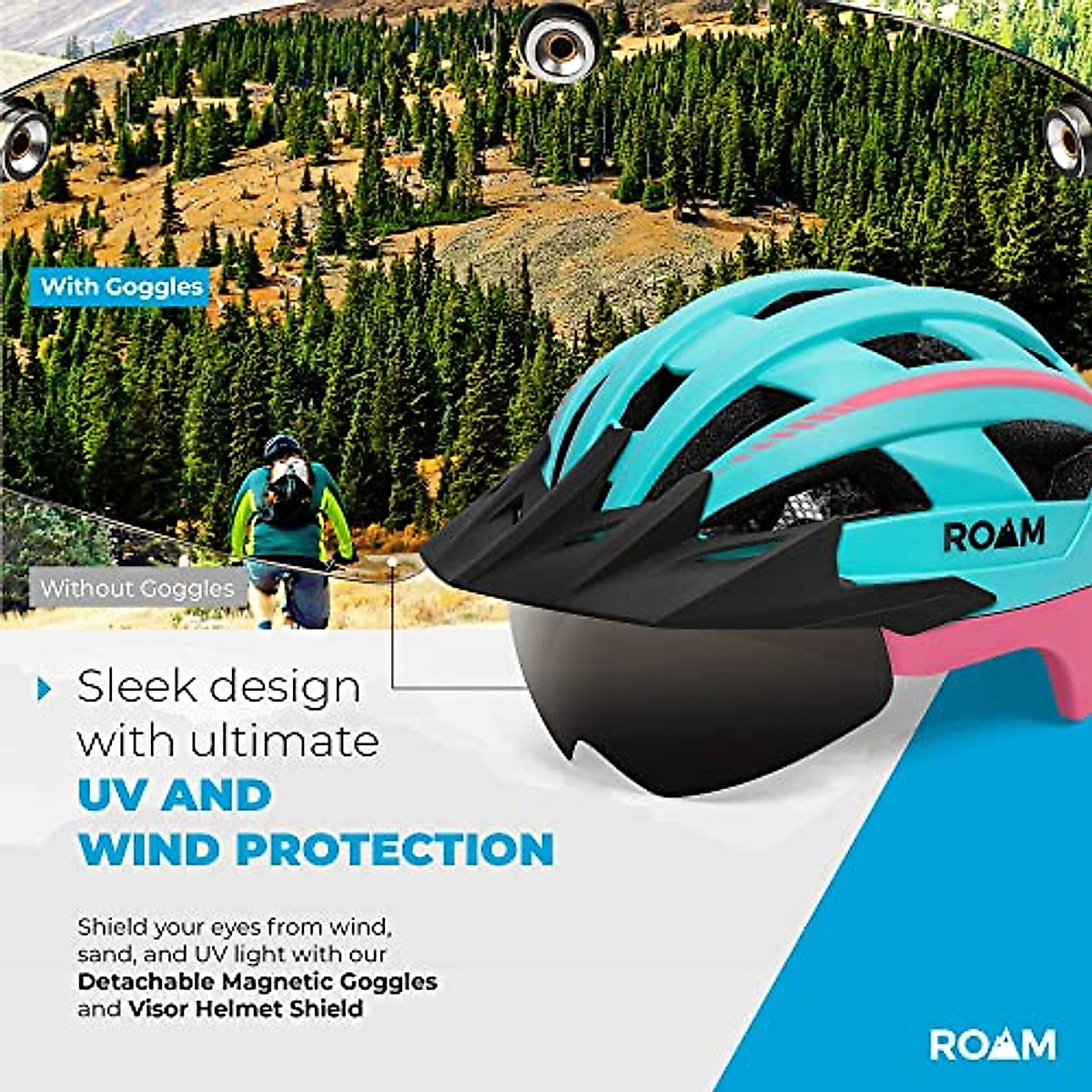Roam Road Bike Helmet - Durable Helmets for Adults with Sun Visor, LED Light and Detachable Magnetic Goggles - Adjustable Size - Mountain Bicycle Helmet for Adult Men & Women﻿