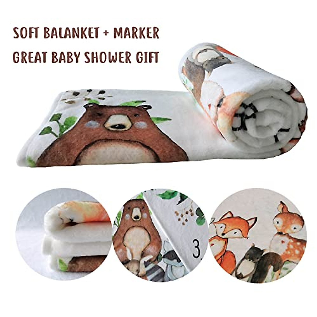 RICEFINE Woodland Baby Monthly Milestone Blanket, Woodland Animals Baby Growth Chart Monthly Blanket, Watch Me Grow Baby Woodland Forest Nursery for New Moms Baby Shower (50"x40")