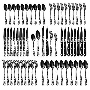 Stapava 48-Piece Black Silverware Set with Steak Knives, Stainless Steel Cutlery Flatware Set for 8, Utensil Sets Include Forks Spoons and Knives for Home Kitchen, Mirror Polished, Dishwasher Safe