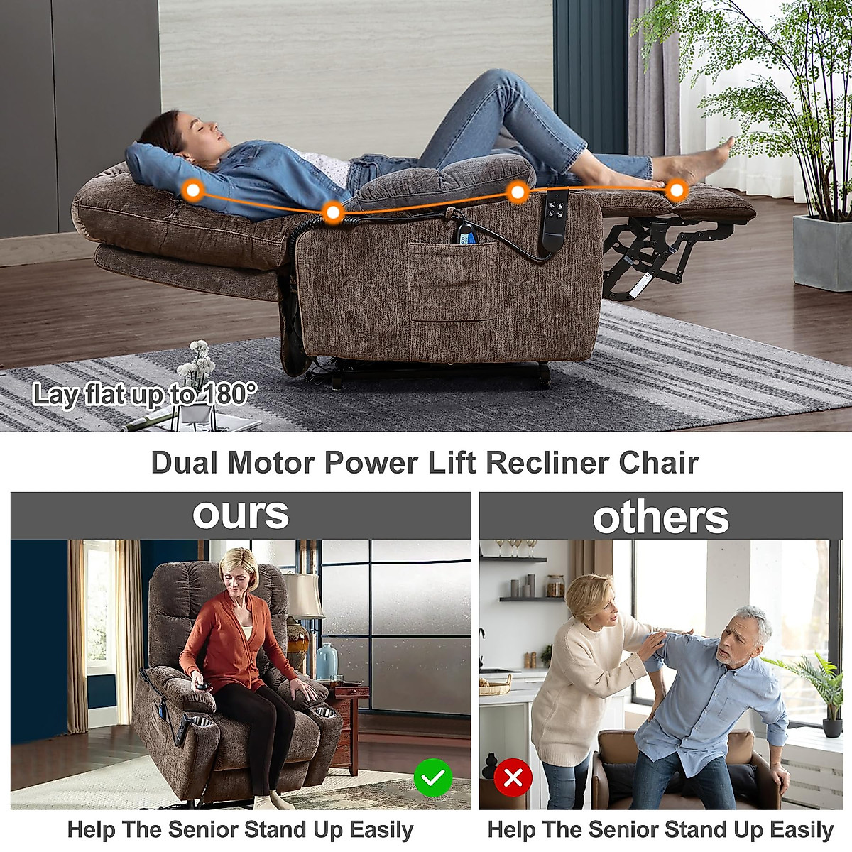 Plococo Lay Flat Sleeping Dual OKIN Motor Lift Recliner Chair with Vabriation Heat Massage for Elderly,Infinite Position Soft Fabric Power Electric Recliner Sofa Chair for Living Room, Brown, 9990