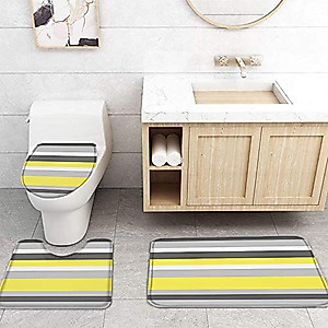 Singingin Shower Curtain Set with Bathroom Rugs and Mats Geometric Stripes Yellow Grey Bathroom Rugs Set 4 Piece,Non-Slip Rugs,Toilet Lid Cover and Bath Mat,Waterproof Shower Curtain for Tub