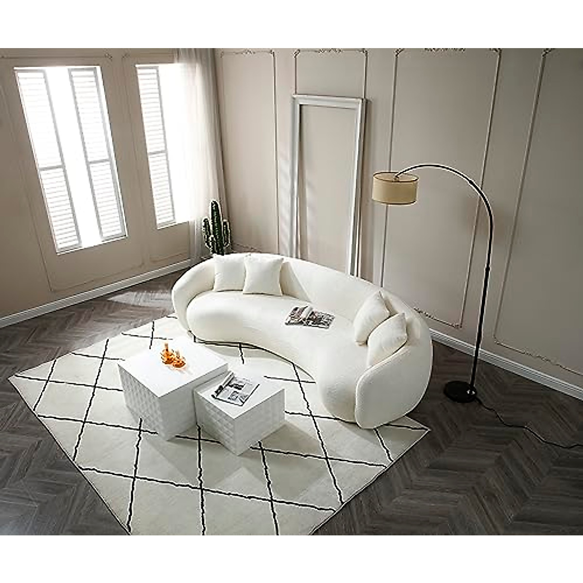 5-Seater Boucle Upholstered Curved Cloud Sofa, Luxury Half Moon Leisure Couch, Oversized Teddy Fleece Modular Sectional Sofa&Couches with Throw Pillows for Living Room, Apartment