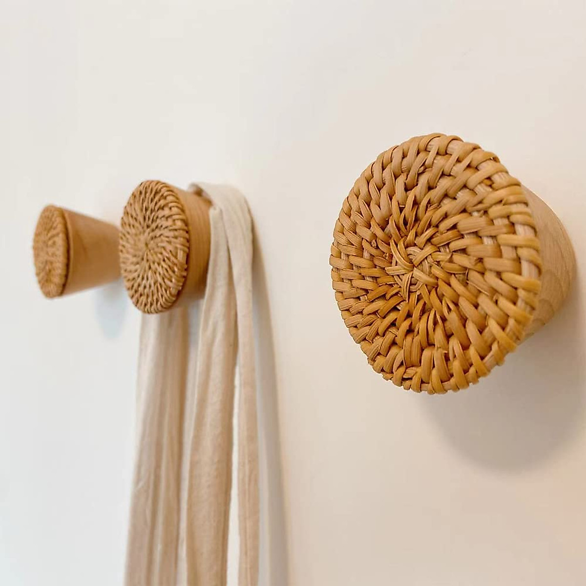 Bohoify 3pc Boho Rattan Wicker Woven Wood Wall Hooks, Handmade Wall Mounts, Rustic Wooden Hook for Hats, Scarfs, Bags, Decorative Home Decor Bathroom Clothes Hanger Organizer (50mm x 35mm, Caramel)