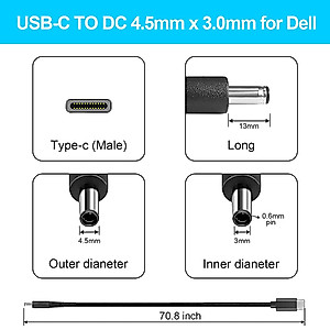 RAINSUNG USB C to Smart Tip Charging Cable for Dell Laptop Charger 45W 65w 90W 4.5mm Connector for Inspiron 11 13 14 17 15 3000 5000 7000-Nylon Braided 1.8m