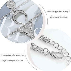 TWINKLEDE Boho Layered Necklace Silver Moon Pendant Necklaces Chain Evil Eye Bull Head Necklace Jewelry for Women (Silver Moon Evil Eye)