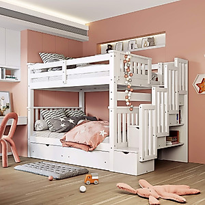 FANYHOME Full Over Full Bunk Bed with 6 Storage Drawers, Wooden Full Bunk Beds with Stairway and Shelves, Detachable Bunk Bed for Kids, Teens, Adults Boys & Girls (New, White)