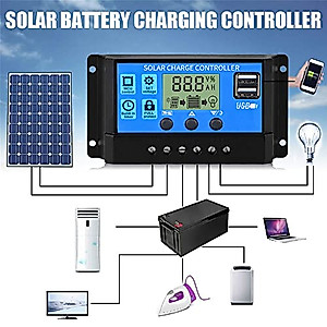 Jahy2Tech 100A Solar Charge Controller Solar Panel Battery Intelligent Regulator with Dual USB Port 12V/24V PWM Auto Paremeter Adjustable LCD Display(Blue) (1)