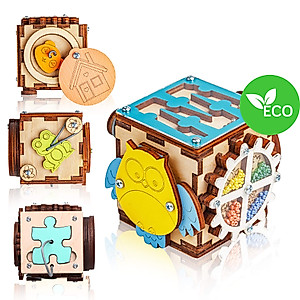 Wooden Activity Cube for Toddlers 1-3 Year - 6in1 Owl Puzzles Maze 3.15 х 3.15 inch - Sensory Busy Board – Travel Car Plane Handmade Fidget Toys – Baby Kids Montessori Activities