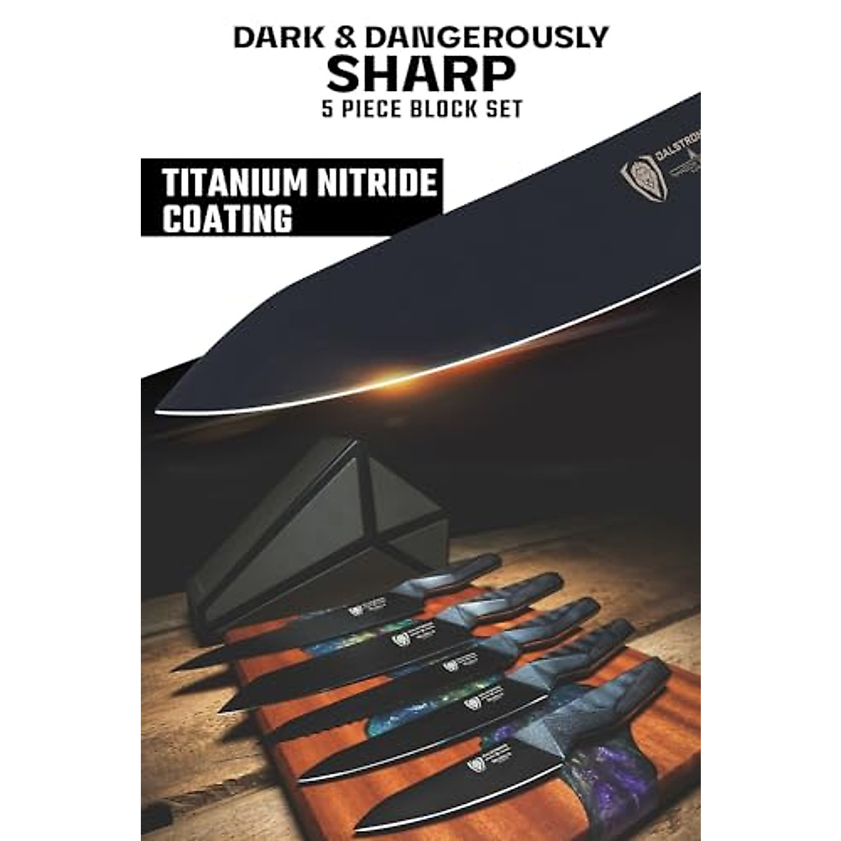 DALSTRONG Knife Block Set - 5pc - Shadow Black Series - Black Titanium Nitride Coated - High Carbon - 7CR17MOV-X Vacuum Treated Steel - Sheath - Kitchen Knife Set with Block - NSF Certified