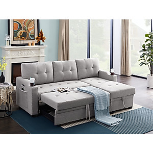 Lilola Home Mabel Light Gray Linen Fabric Sleeper Sectional with cupholder, USB Charging Port and Pocket